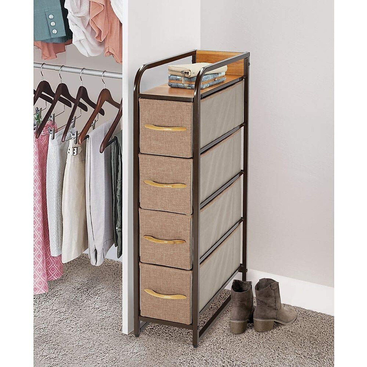 mDesign Slim Steel Frame Organizer Dresser Unit, 4 Removable Fabric Drawers/Metal Top, Furniture for Entryway, Hallway, Bedroom, Office, Closet Organization, Lido Collection, Coffee/Espresso Brown