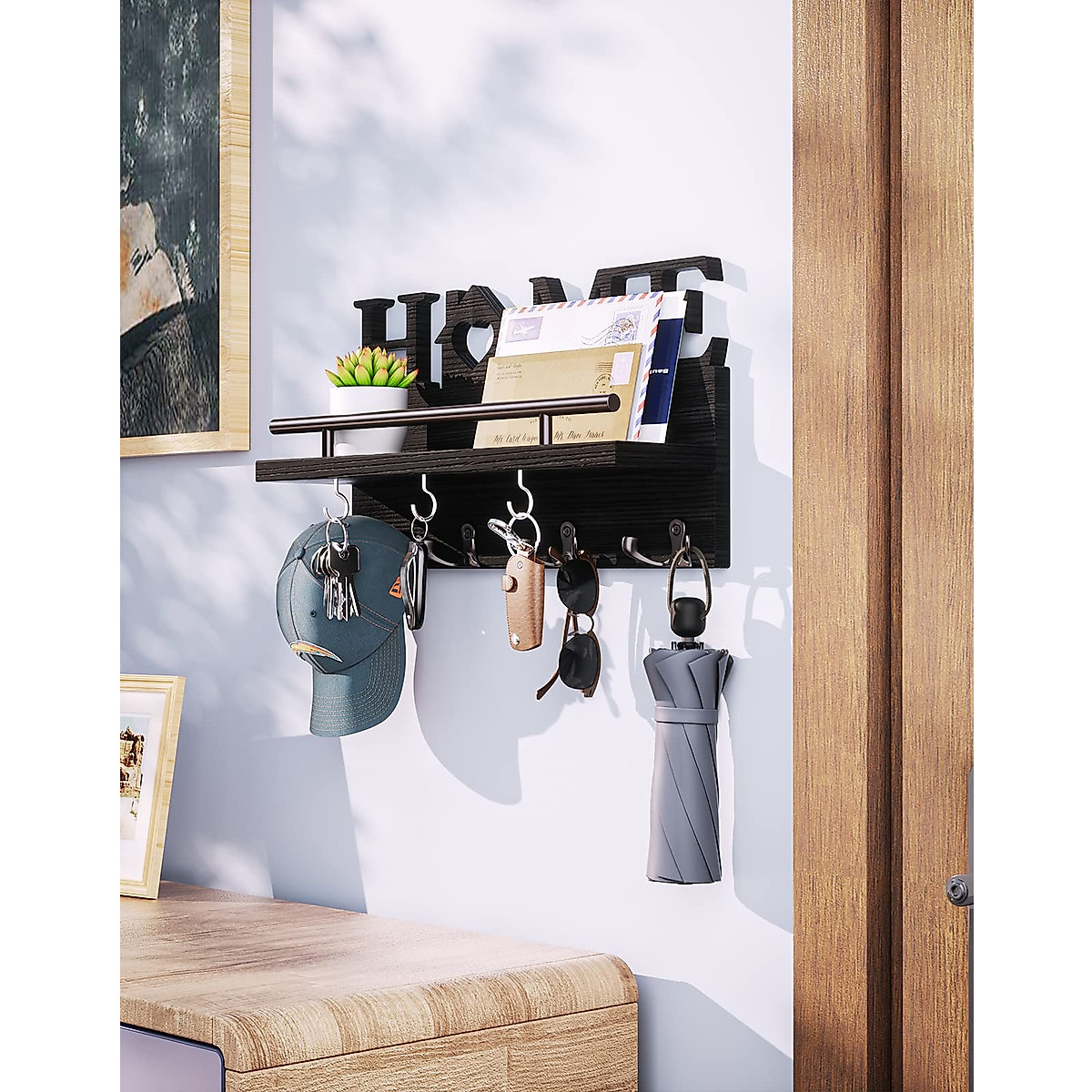 SWTYMIKI Key Hooks for Wall with Home Decoration, Wood Mail Organizer with Key Holder and Mail Holder Design, Wall Mounted Key Hanger Suitable for Entryway, Front Door, Hallway, Office, Black