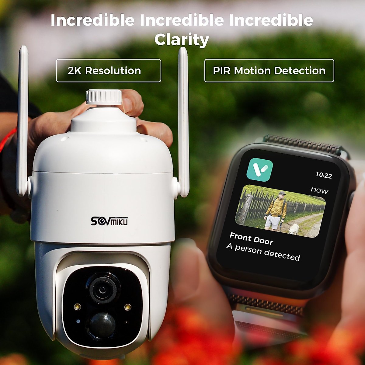 Sovmiku CQ1 AI 2K Solar Security Camera Wireless Outdoor, Battery Powered Cam, Two-Way Audio,PIR Motion Detection, Easy to Setup, Pan/Tilt 360° View,Color Night Vision,Audible Flashlight Siren,SD Slot