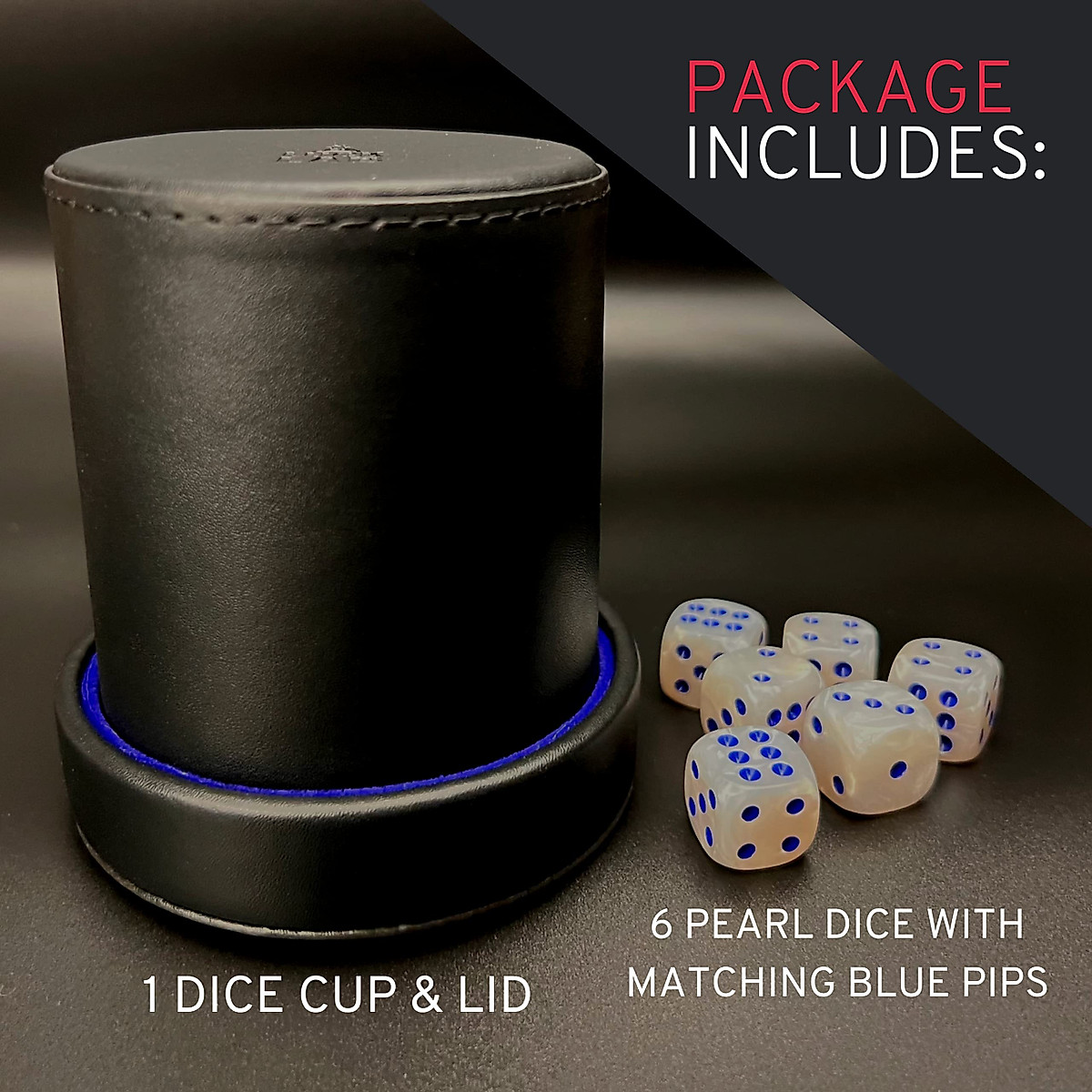 Luck Lab Black Leather Dice Cup with Lid Including 6 Matching Pearl Dice - Blue Velvet Interior for Quiet Shaking - Use for Liars Dice Farkle Yahtzee Board Games, Black