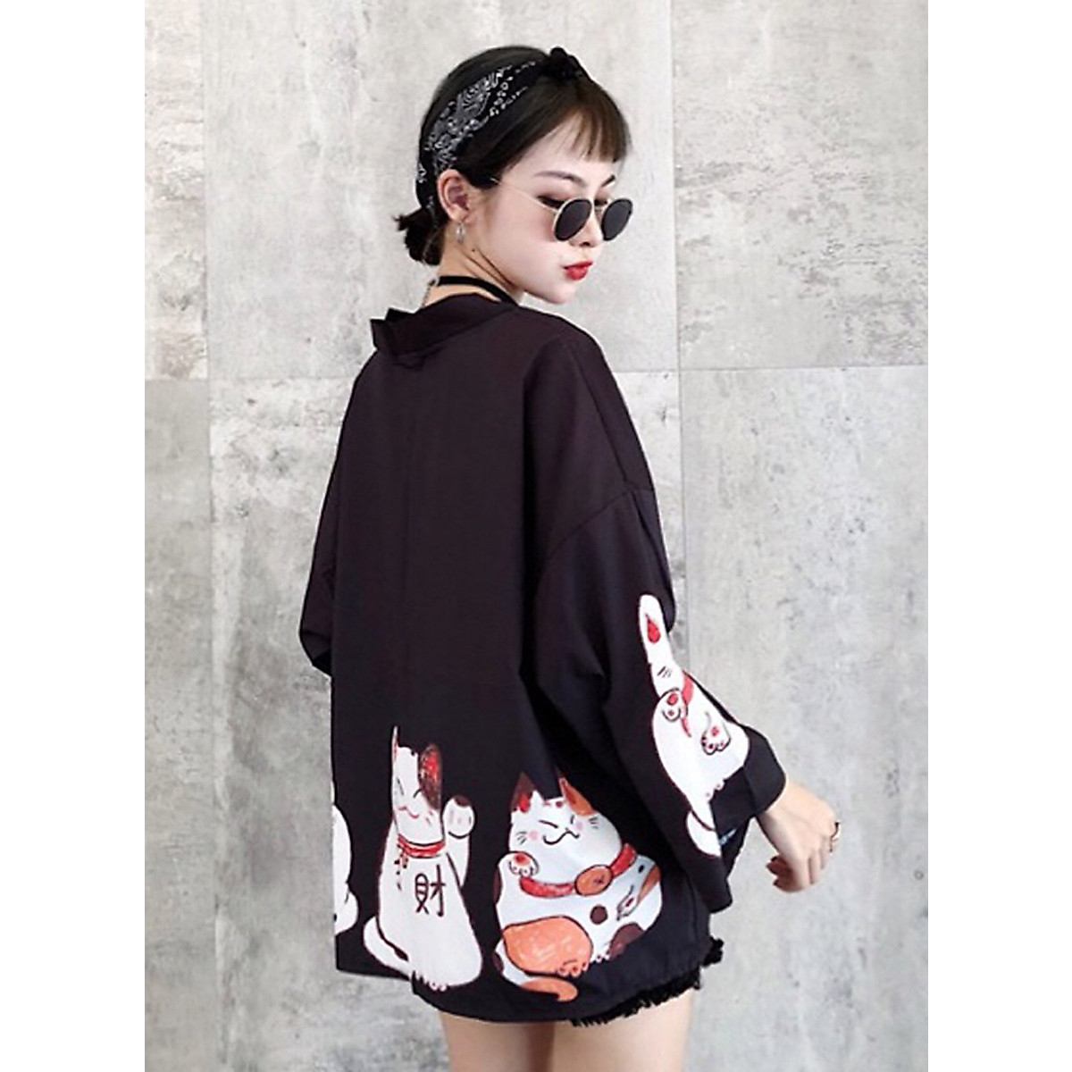 LAI MENG FIVE CATS Women's Lucky Cat Cardigan Kimono Loose Cover up Casual Blouse Cute Tops