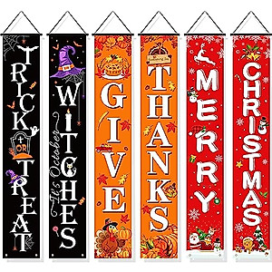 Preboun 3 Pairs Halloween Thanksgiving Christmas Porch Signs Banners Hanging Front Porch Door Decorations for Outside Yard Garland Party Supplies
