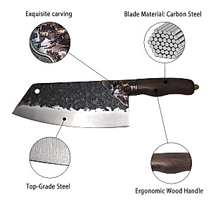 KTCHN Meat Cleaver v1.0-7-Inch Carbon Steel Hand-Forged Blade - Ergonomic Wood Handle - Unique Professional Butcher Knife Design - Chop Meat and Bones with Ease