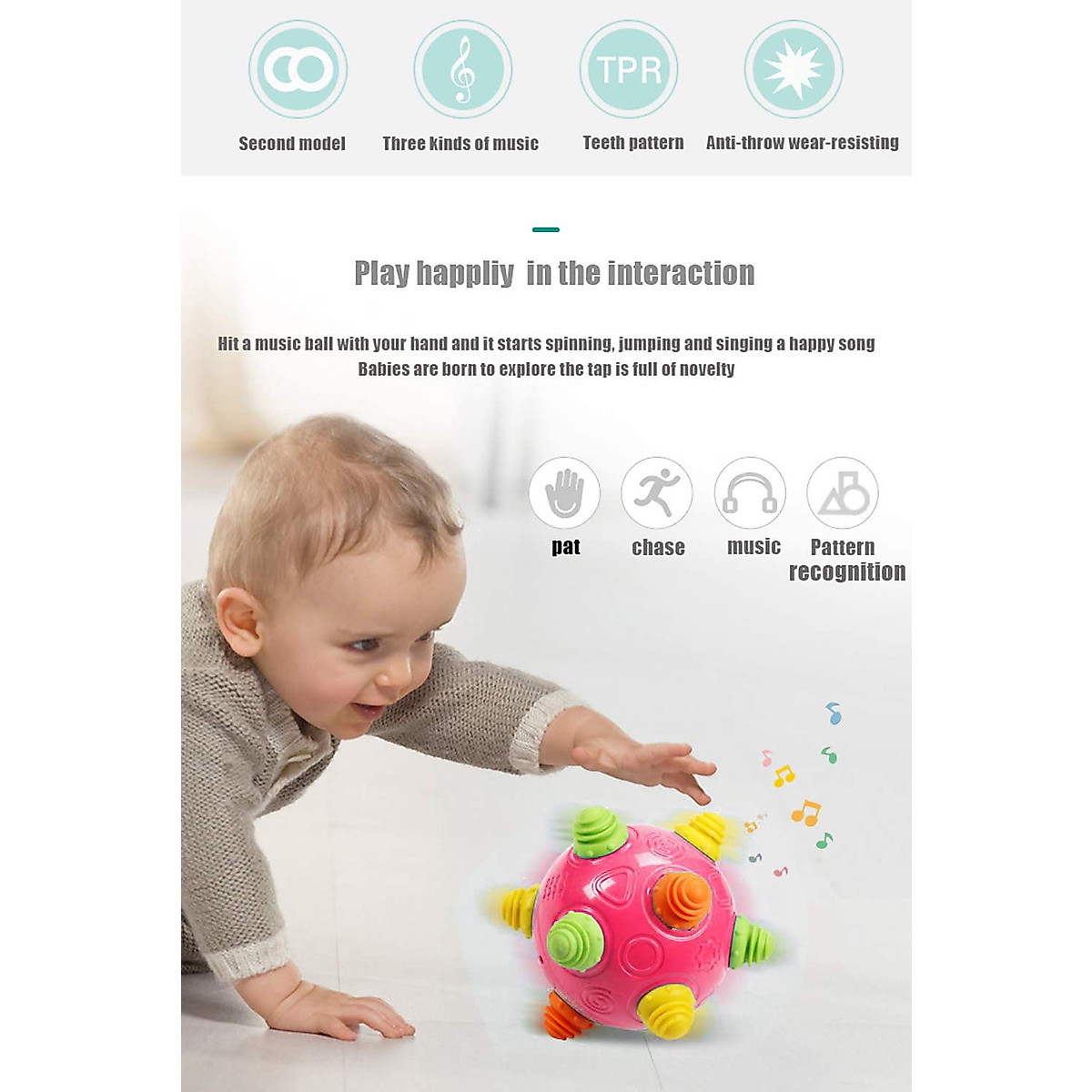 YMDLY Toys Toddler Baby Bouncing Sensory Ball - Sturdy Durable Crawling Ball Toy Fun Learning Ball Toy Two Modes Baby Music Ball Facilitates Movement of Children Suitable for Babies,Red,18+ Months