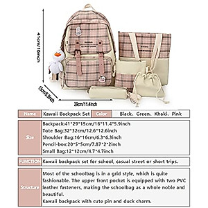 DAHUOJI 5Pcs Kawaii Backpack Set with Badge & Duck Pendant,Japanese Aesthetic Check Bookbag for Girls Cute Plaid School Bags Comes with Tote Bag,Shoulder Bag,Pencil Box,Small Bag(Pink,16in)
