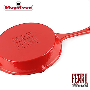 MAGEFESA Cast Iron Skillet FERRO, optimal retention and heat distribution, for all types of Cooktop, induction, oven safe, energy saving, easy cleaning, long durability (RED SKILLET, 12.2”)