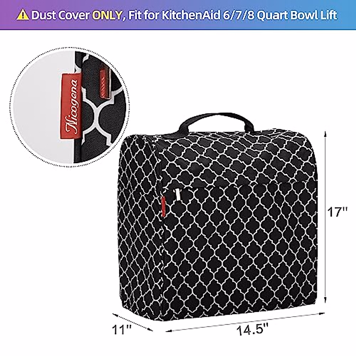 NICOGENA Stand Mixer Cover Compatible with KitchenAid 6/7/8 Quart Bowl Lift, Dust Cover with Zipper Pocket for Accessories, Lantern Black