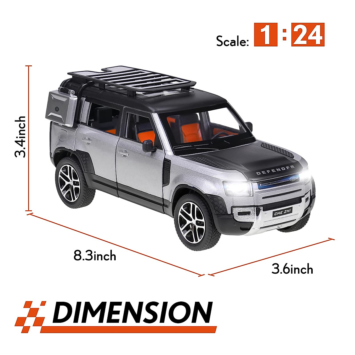 1/24 Diecast Model Car Pullback Vehicle Toy Collection for Land Rover New Defender 110, Kids Gift, with Sound and Light