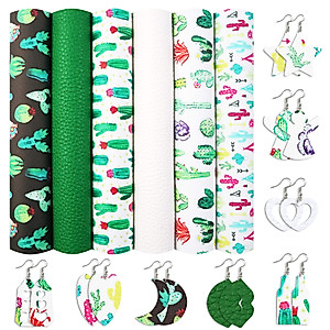 David accessories 6 Pcs 7.7"x12.9" (20 cm x 33 cm) Lychee Pattern Plant Cactus Printed Faux Leather Fabric Sheets Include 2 Kinds of Leather Fabric for DIY Bows Earrings Making Crafts (Cactus)
