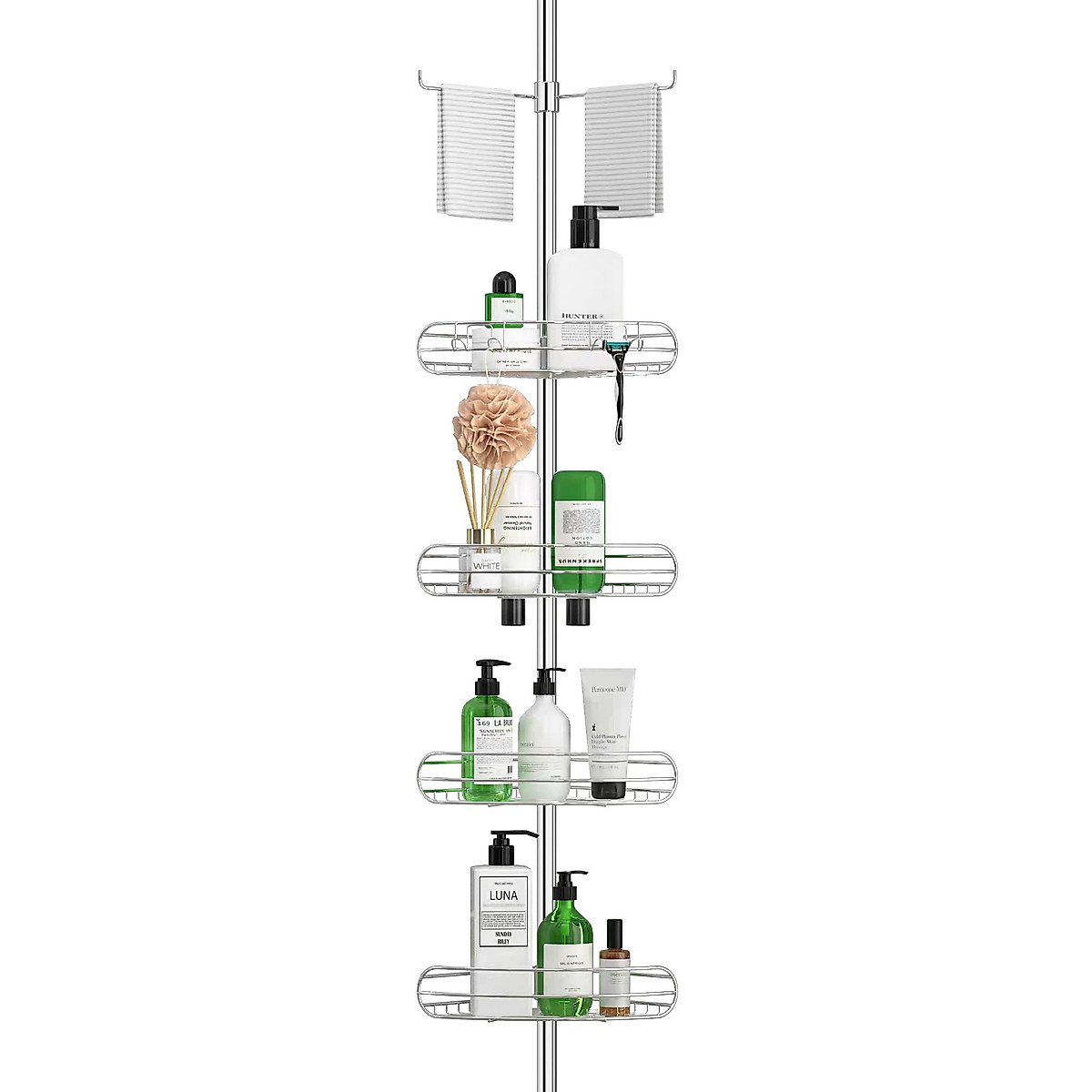 ALLZONE Corner Shower Caddy Tension Pole, 4-Tier Adjustable Shower Shelves, Rustproof Bathroom Shower Organizer Corner and Shower Racks for Inside Shower Storage, 56 to 113 Inch Height, Sliver