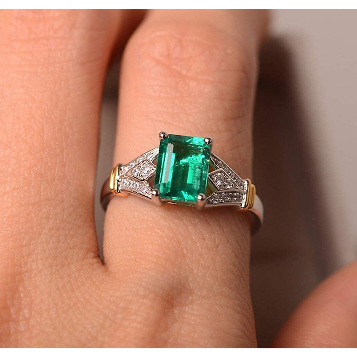 Cuteshop Elegant Women 14k White Gold Filled Sterling Silver Square Cut Emerald Gemstone Birthstone CZ Crystal Wedding Bridal Band Ring Size 6-10 (7)