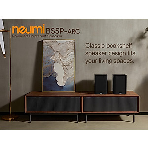 NEUMI BS5P-ARC 75-Watt Powered Bookshelf Speakers, Bluetooth, HDMI, USB, Optical, Coaxial, Remote Control, 5-Inch Woofer, 1-Inch Tweeter, Dark Wood, 1 Pair