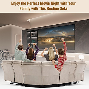 P PURLOVE Reclining Sofa for Living Room, Modern Manual Reclining Furniture Set with USB Ports, Hidden Storage, LED Light Strip and 2 Cup Holders, L-Shaped Velvet Couch for Apartment, Bedroom (Cream)