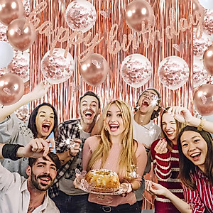 Rose Gold Birthday Party Decorations, Happy Birthday Banner, Rose Gold Fringe Curtain, Rose Gold Sequin Table Runner, 3D Butterfly Wall Decal, Rose Gold Balloons for Women Girls Birthday Party