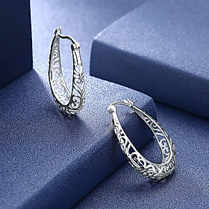 NewZenro Vintage Filigree 925 Sterling Silver Small Hoop Earrings for Women Girls Fashion Oval Hollow-out Texture Flower Dainty Huggie Hoops Hypoallergenic Pierced Jewelry Gifts