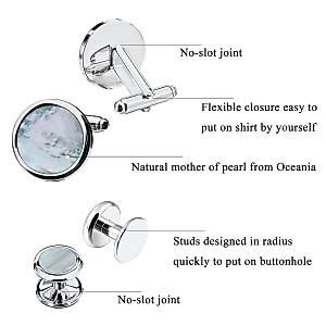 HAWSON Mother of Pearl Man Tuxedo Shirt Studs and Cufflinks Set for Wedding Business (Silver or Gold Tone)