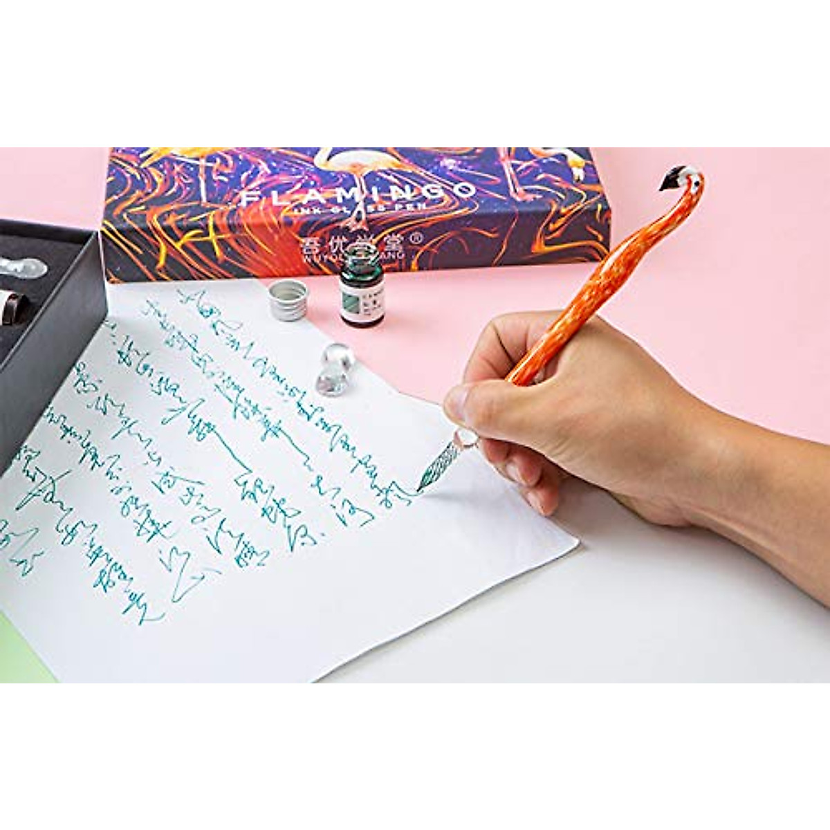 XIAOYU 5 Pcs Handmade Glass Dip Pen Calligraphy Pens Set High Borosilicate Glass Signature Pen with Ink(7ML) - Orange