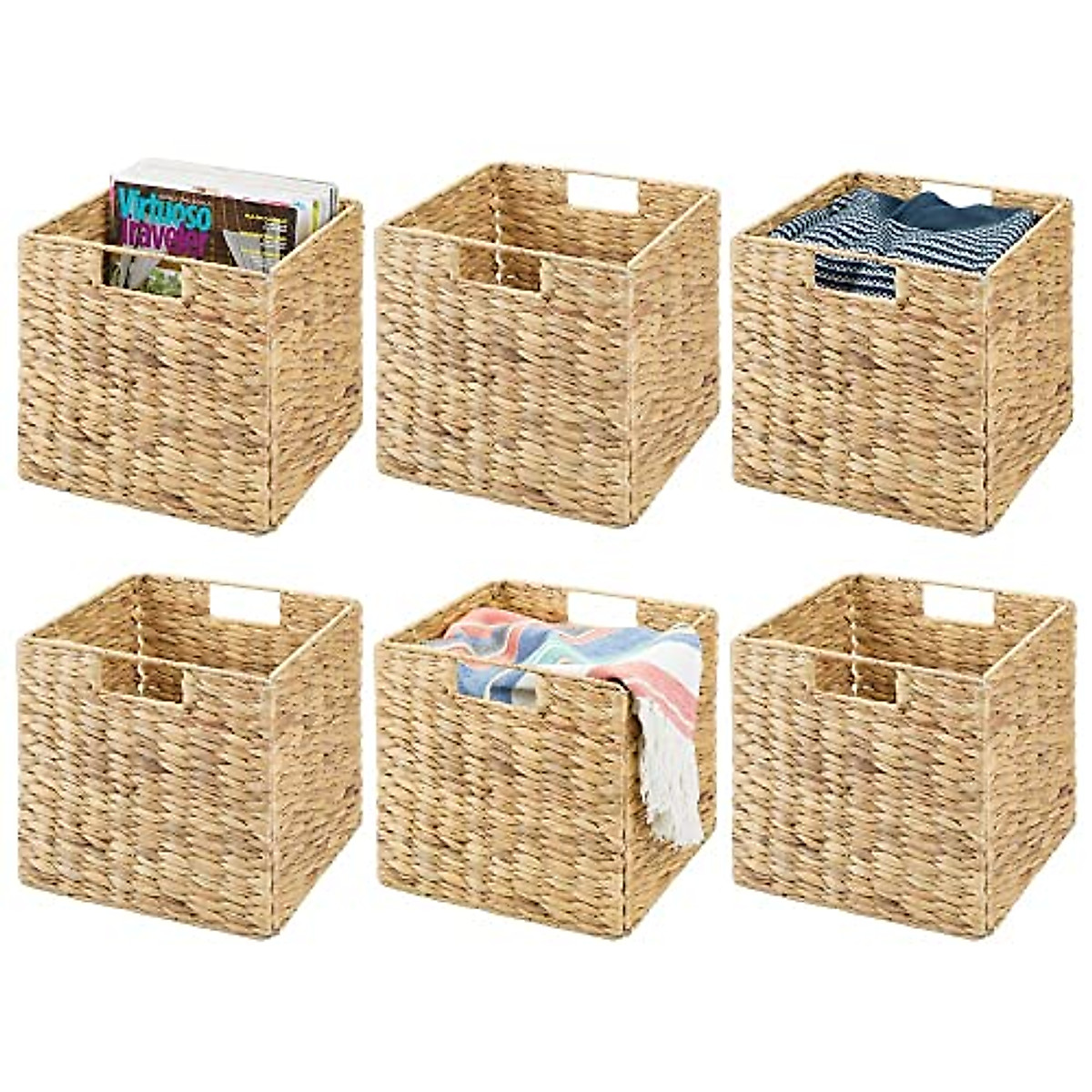 mDesign Natural Woven Hyacinth Cube Bin Basket Organizer with Handles, Storage for Bedroom, Home Office, Bathroom, Shelf and Cubby Organization, Hold Blankets, Magazines, Books, 6 Pack, Natural/Tan