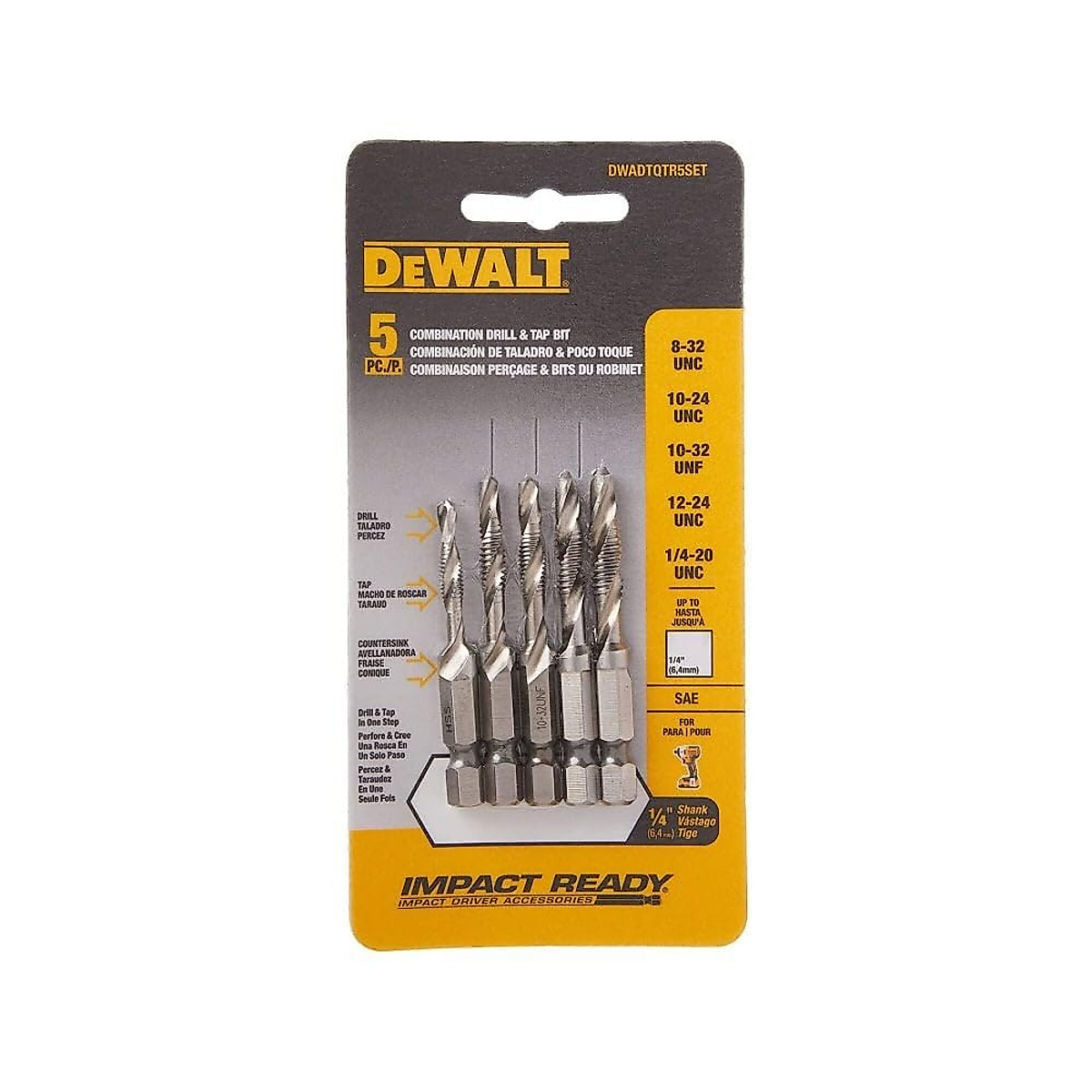 DEWALT Drill Tap Set, Impact Ready, 1/4-Inch, 5-Piece (DWADTQTR5SET)