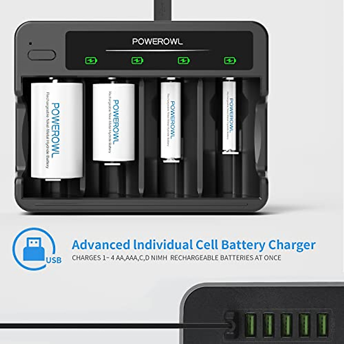 POWEROWL Rechargeable D Batteries with 4 Bay Battery Charger, USB Quick Charging, for AA AAA C D Ni-MH Ni-CD Rechargeable Batteries -4 Count