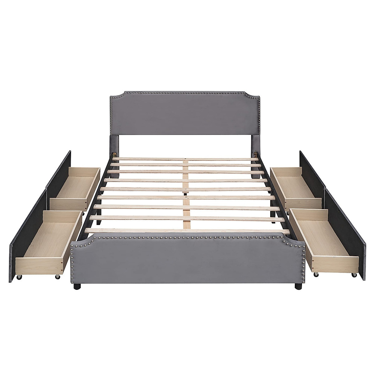 Yehha Queen Size Bed Frame w/Stud Trim Headboard & 4 Storage Drawers, Upholstered Platform Bedframe w/Wooden Slats Support & Capacity 500LBS, No Box Spring Needed, Gray