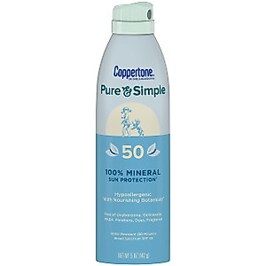 Coppertone Pure and Simple Mineral Sunscreen Pack with Zinc Oxide Protection, Hypoallergenic, Sunscreen Spray SPF 50, 5 Oz Can + SPF 50 Sunscreen Stick, 0.49 Oz, Holiday Gifts for Self Care