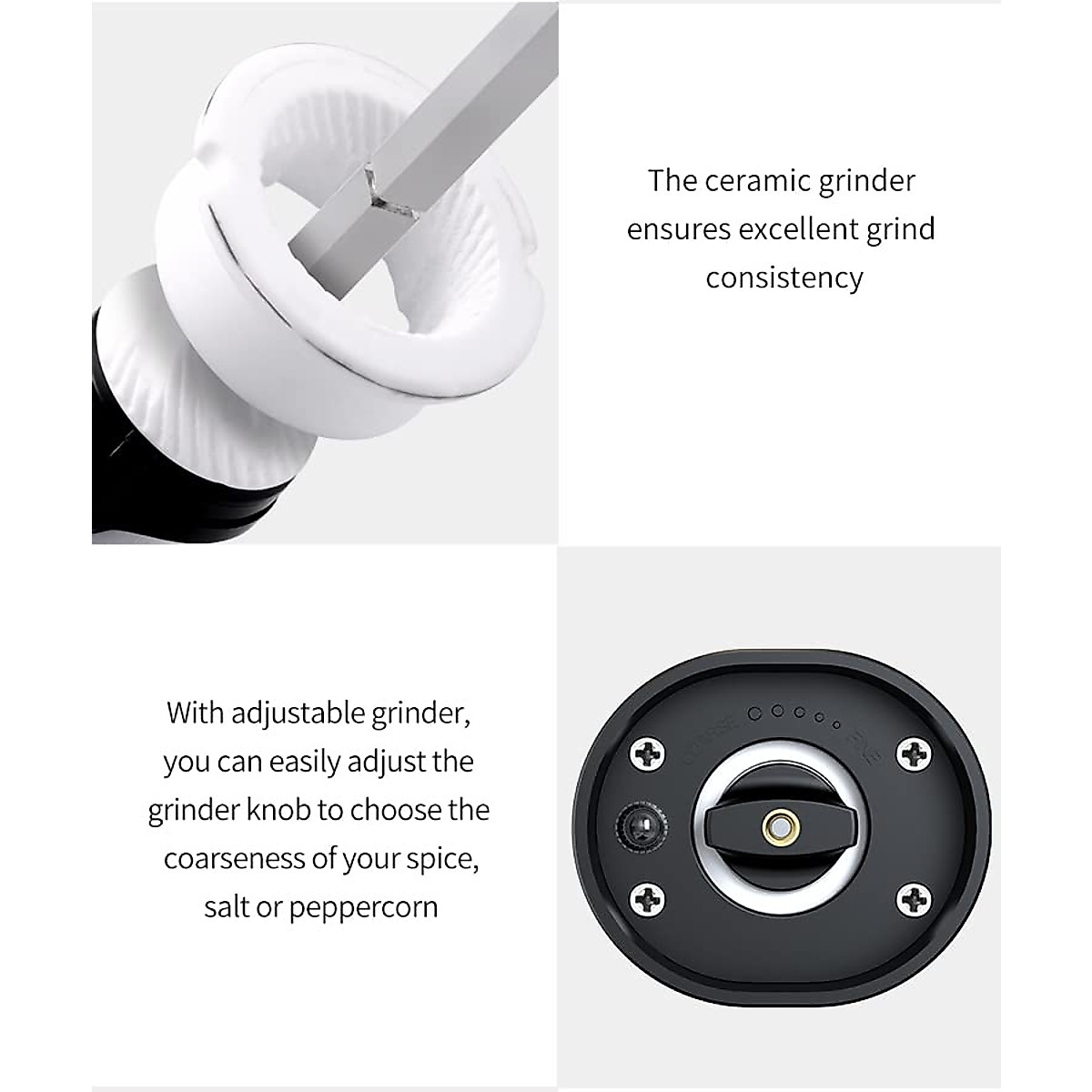 Saknaop Electric Pepper Grinder，Pepper Salt Mill Grinder refillable with Gravity Sensor Switch, Salt Grinder Spice Grinder with Adjustable Coarseness and LED Blue Light,Battery Operated