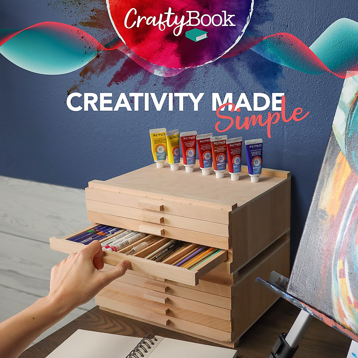 CraftyBook Artist Storage Drawers 2 Pack - 5 Drawer Art Supplies Chest Artist Organizer - Beech Wood Sketch Drawing Supply Storage Box with Removeable Dividers for Pencils, Pens, Paints, and Pastels
