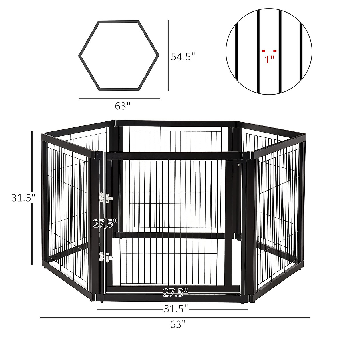 PawHut Transformable Pet Playpen 6 Freestanding Panels Gate Fireplace Christmas Tree Fence Stair Barrier Room Divider with Walk Through Door Wooden Frame Metal Mesh Black 63'' x 54.5'' x 31.5''