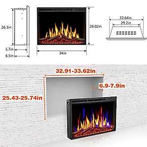 Joy Pebble 34 Inch Electric Fireplace Insert,750W/1500W Recessed Electric Fireplace Heater,Adjustable 5 Flame Color & 5 Burning logs Color,Electric Fireplace with Remote Control&Overheat Protection
