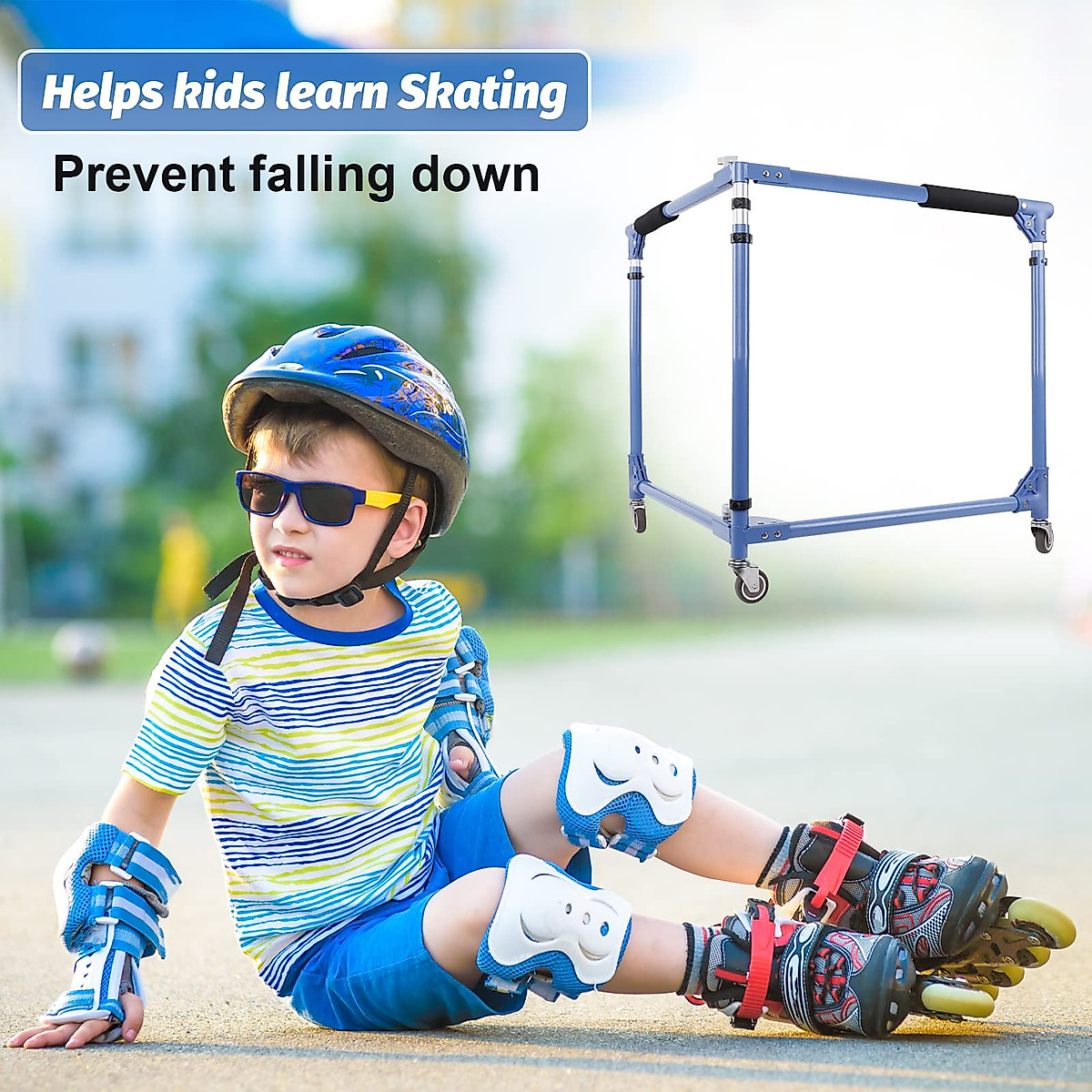 GanFindX Folding Skater Aid for Kids Roller Skating, Adjustable Height Roller Skate Trainer for Kids Toddler Training Walker (Denim Blue)