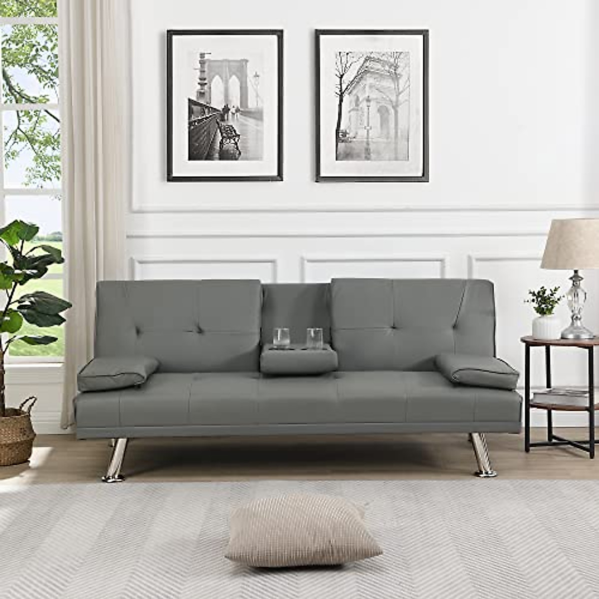 Penifun Convertible Folding Futon Sofa Bed Sleeper Couch for Living Room PU Leather Upholstered Loveseat with Armrest & Two Cup Holders, Solid Wood Frame/Stainless Leg, Gray