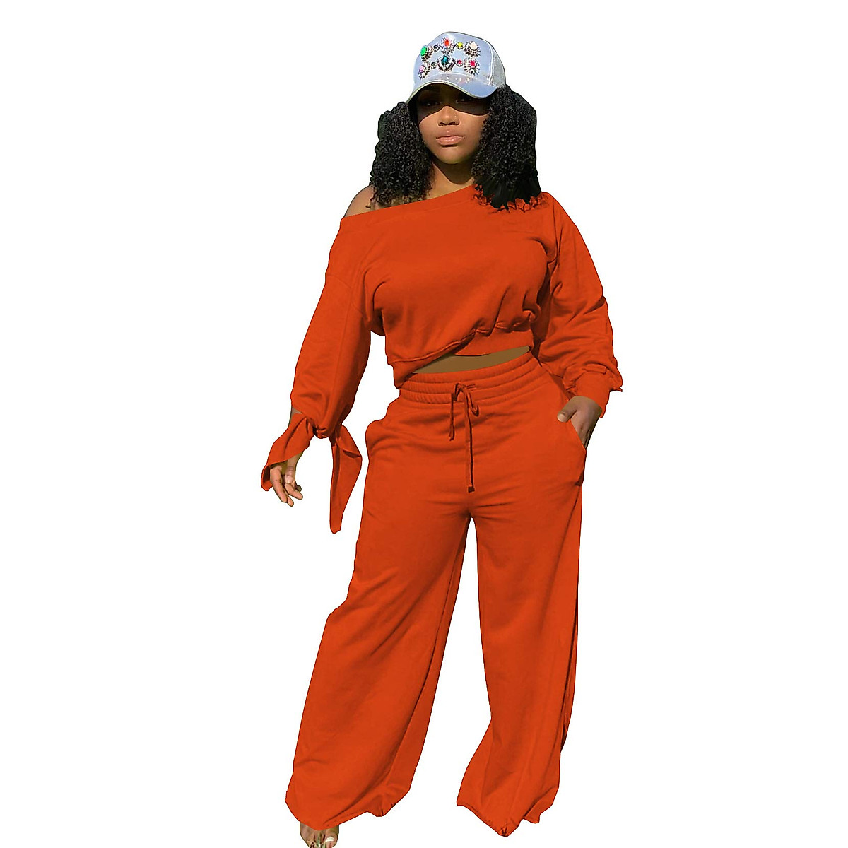 TOPSRANI Women's 2 Piece Outfits Casual Solid Sweatsuits Baggy Long Sleeve Loose Matching Wide Leg Tracksuit Pants Sets Orange L