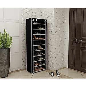 Homebi 10-Tier Shoe Rack 30 Pairs Shoe Tower Closet Shoes Storage Cabinet Portable Boot Organizer with Dustproof Non-Woven Fabric Cover and 10 Durable Shelves (Black) (Black)