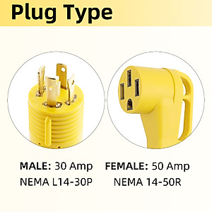 Flameweld Generator Adapter Cord - NEMA L14-30P Twist Lock Male Plug to TT-30R Female with Handle, 4 Prong RV Generator Adapter Cord 10 AWG 12Inches ETL (Orange)