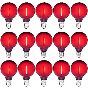 GUILEDUO 15 Pack G40 Red Light Bulb LED Christmas Replacement Bulbs, 1 Watt E12/C7 Candelabra Base Globe Light Bulbs for Outdoor String Lights, Shatterproof Plastic Clear Night Light Bulbs, 120 Volt