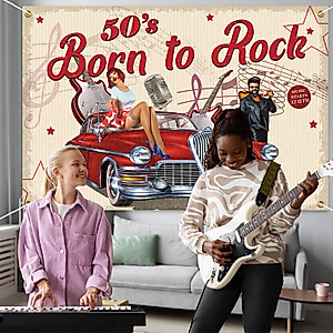 Born to Rock Backdrop Banner Decor Beige - 50s Rock and Roll Birthday Party Theme Decorations for 1950's Men Women Supplies