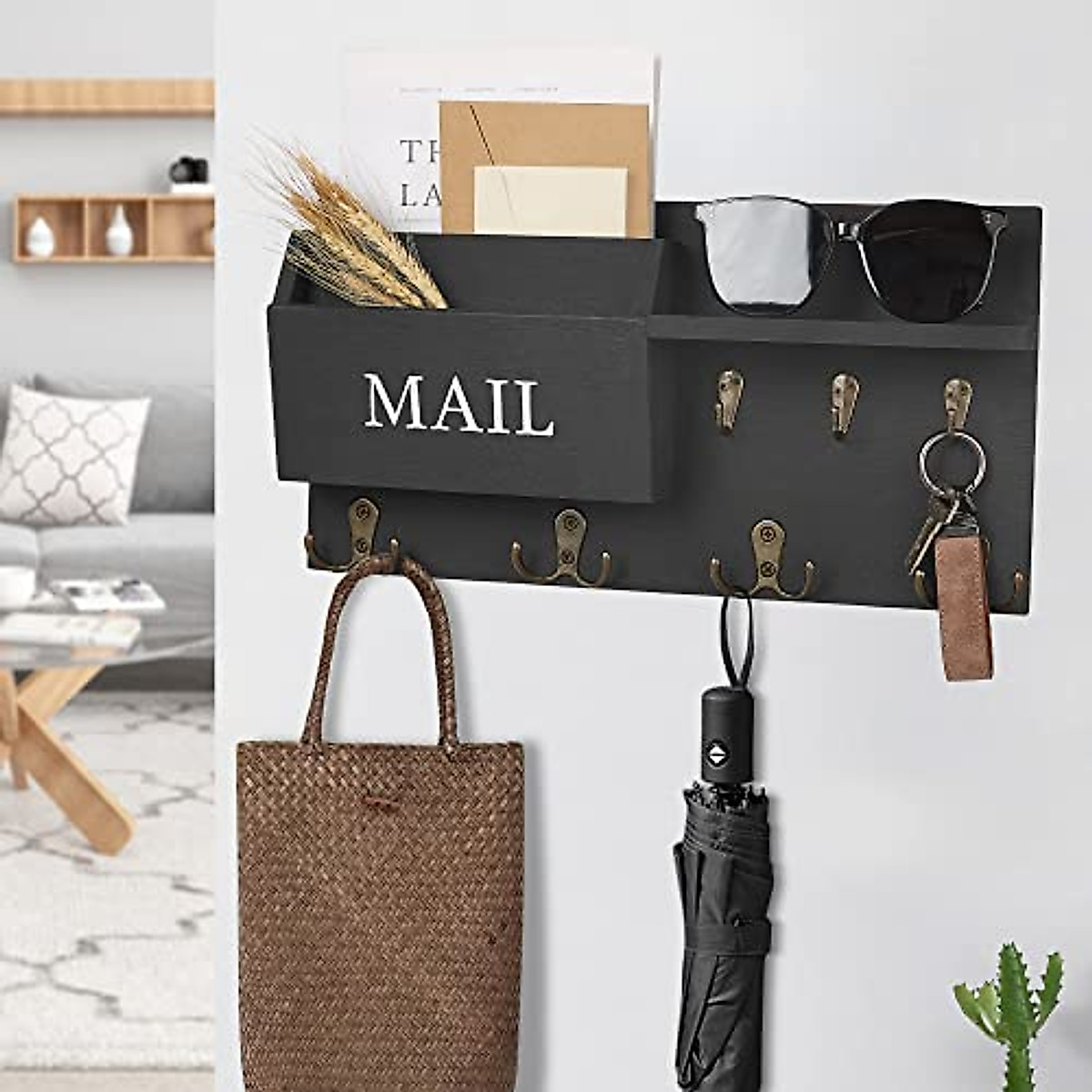 Heylor Key Holder for Wall, Mail and Key Hanger Wall Mount with Double Key Hook and Hat Coat Rack Shelf Decor,Key Organizer Suitable for Entryway, Hallway, Dog Leashes,House and Living Room, Black