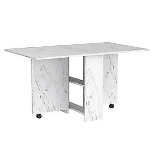 VANSPACE Folding Dining Table Drop Leaf Table for Small Spaces with Storage Racks Multifunction Space Saving Table Extension Dinner Table for Kitchen Bedroom Dining Room White Marble