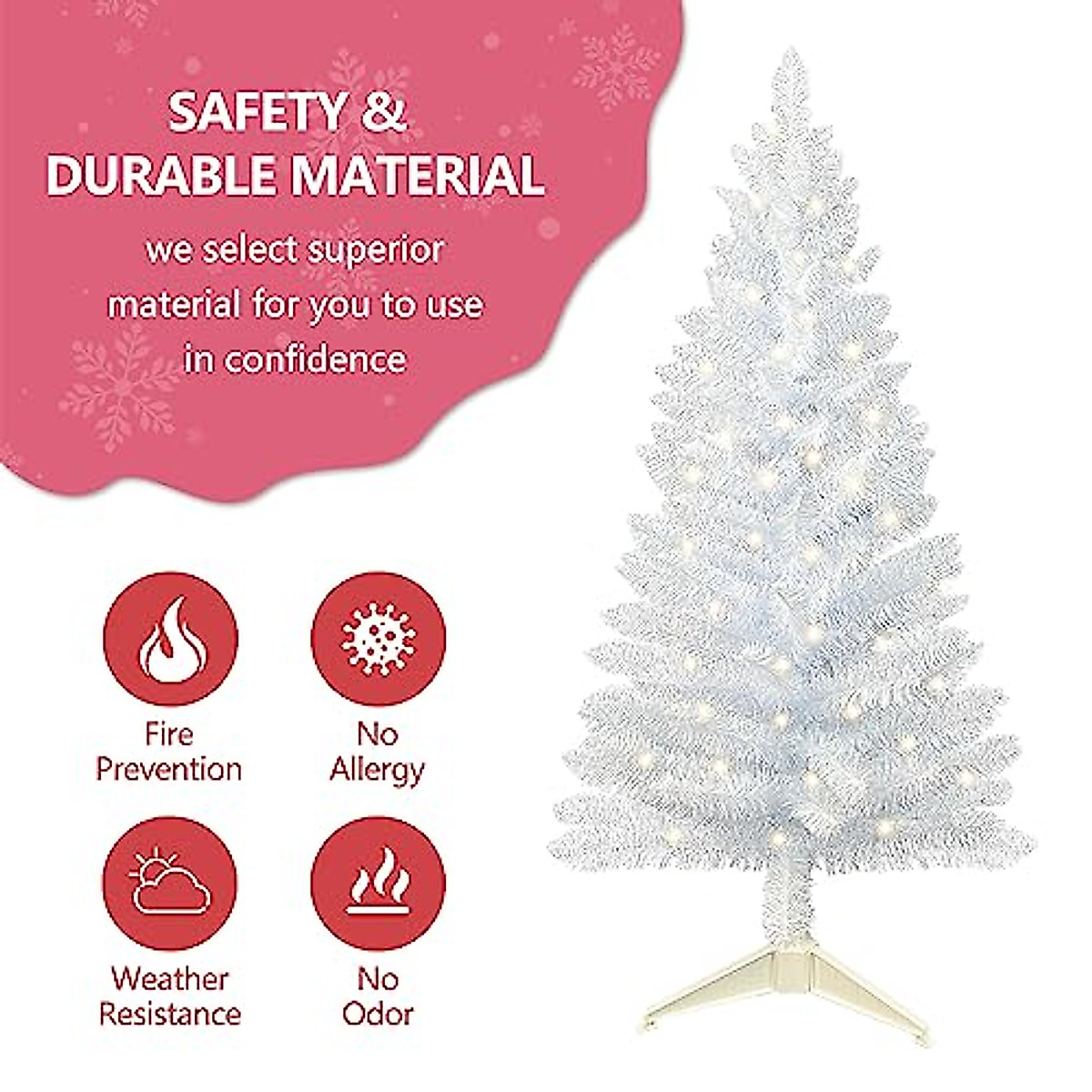 4ft Lighted Artificial White Christmas Tree, Not Pre-lit White Tinsel Pine Trees with Lights, Ideal for Ideal for Home, Office, and Xmas Party Décor - Includes Stand