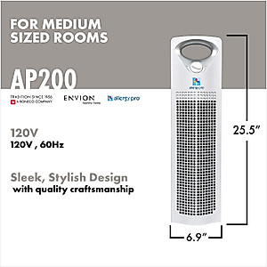 ENVION Medium to Large Room Quiet Operating Filter HEPA Air Purifier with 3 Fan Speeds, Ionizer, LED Display, & Built In Handle, White