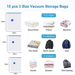 15 Packs Vacuum Storage Bags (5 Jumbo/5 Large/5 Small) - EWEIMA Space Saver Vacuum Storage Bags with Free Hand Pump, Compression Storage Bags for Clothes Comforters Blankets Beddings