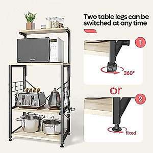 Bestier Bakers Rack, 4-Tier Microwave Stand Coffee Bar Table on Wheels, Utility Storage Rack with Sliding Shelf & 10 Side Hooks for Kitchen, Living Room, Dining Room, Oak