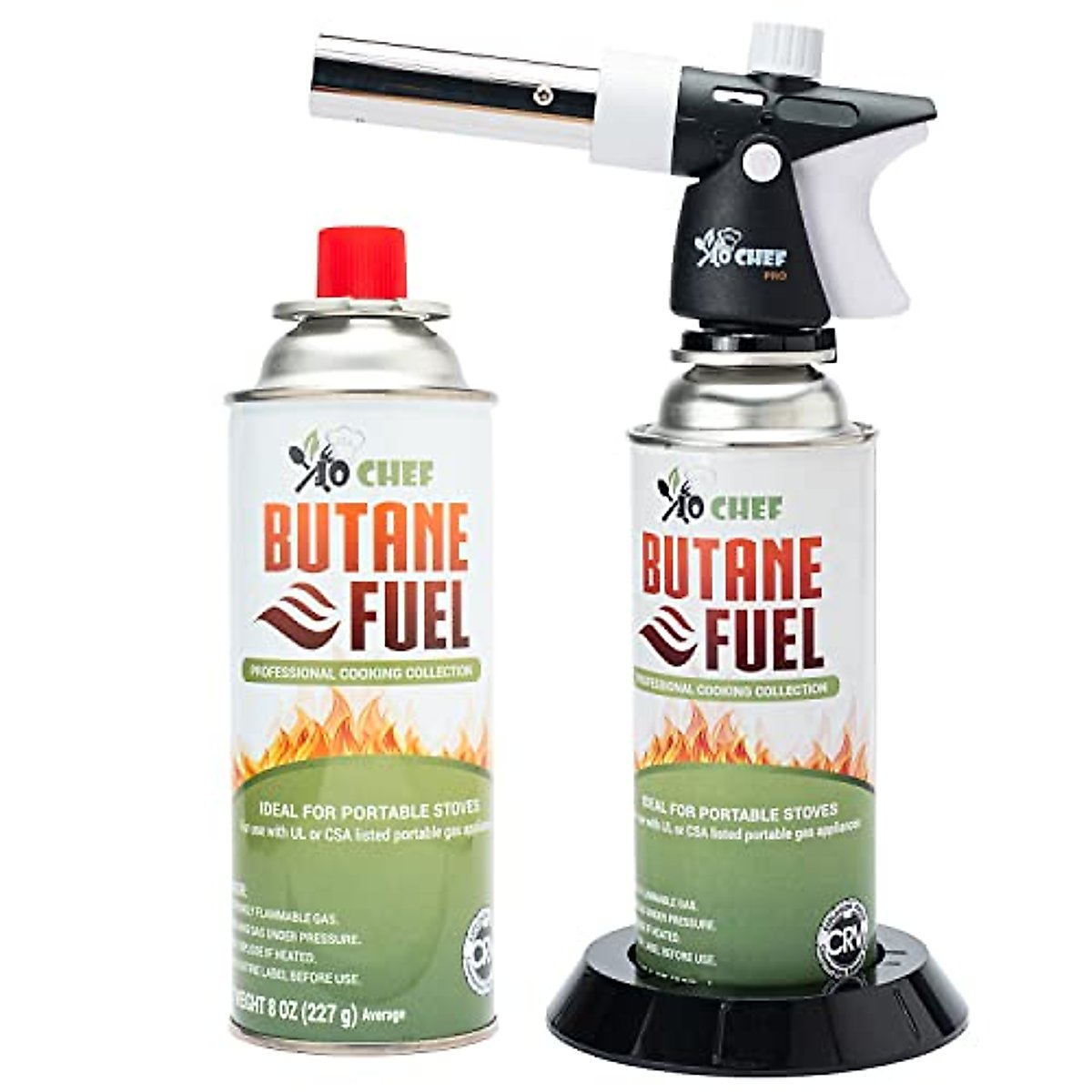 Jo Chef Pro Butane Torch Lighter - Refillable Butane Torch Head, Small Butane Torch with Safety Lock & Adjustable Flame - Culinary Blow Torch, Creme Brulee Torch, Baking, Included 2 Butane Canisters
