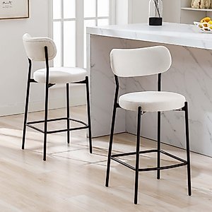 DUHOME 26'' Counter Height Bar Stools Set of 2,Upholstered Barstools with Back for Kitchen Island,Boucle Chair Bar Chairs for Dining Room Living Room,Bistro Pub,Bedroom,Cream