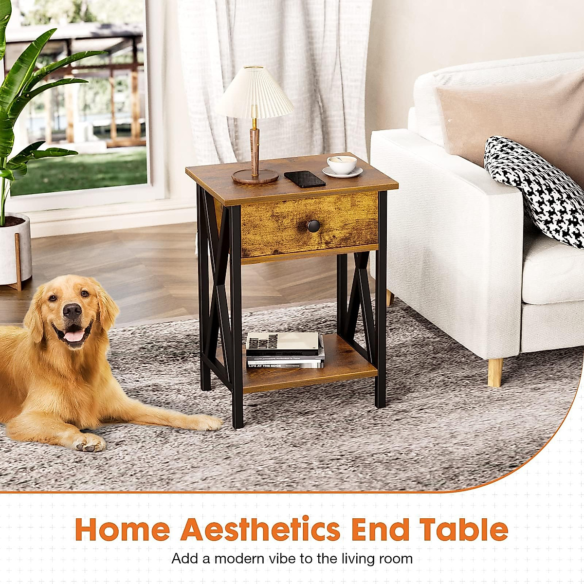 Nightstands Set of 2, Modern Bedside Tables End Table Set of 2 with Drawer and Storage Shelf, Side Tables X-Design Legs for Living Room Bedroom, Brown