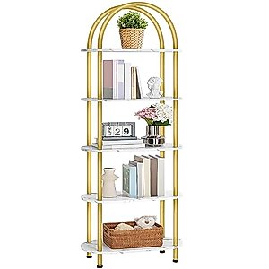 HOOBRO 5 Tier Bookshelf, Modern Arched Bookcase, White and Gold Book Shelf, Tall Bookcase Shelf Storage Organizer, Open Storage Shelves, Modern Book Shelves for Bedroom, Living Room, Gold DM176SJ01