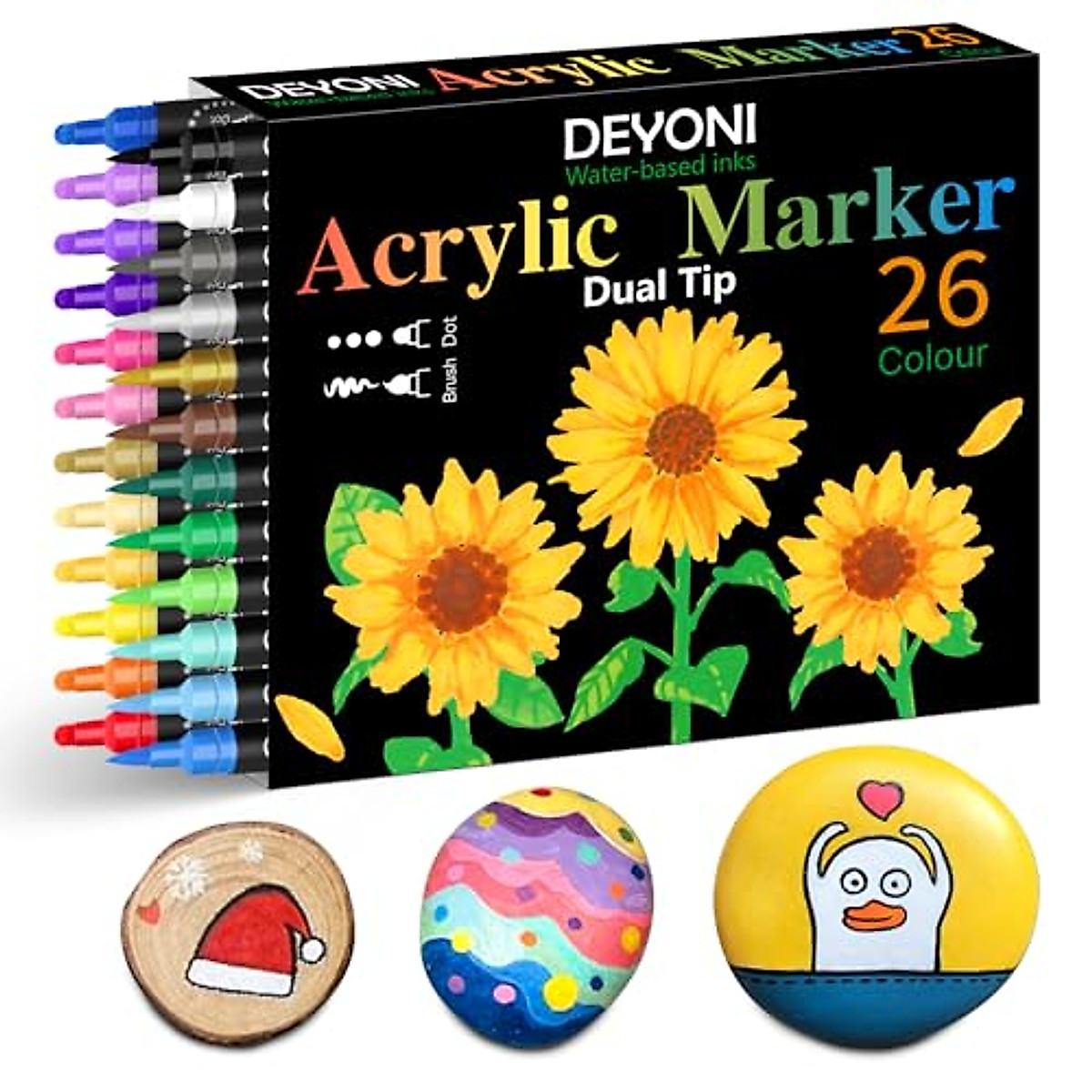 DEYONI Dual Tip Acrylic Paint Pens, 26 Colors, Medium and Brush Tips, Ideal for Rock Painting, Ceramic, Wood, Plastic, Calligraphy, Scrapbooking, Card Making, DIY Crafts