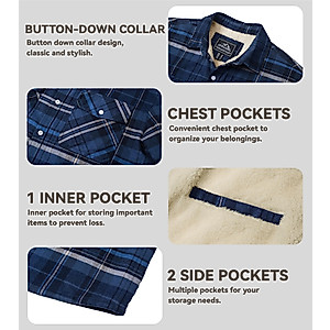 EKLENTSON Jacket for Men Fleece Flannel Plaid Jacket Casual Stylish Travel Coat Thermal Jacket Sherpa Coat Blue Grey 2XL