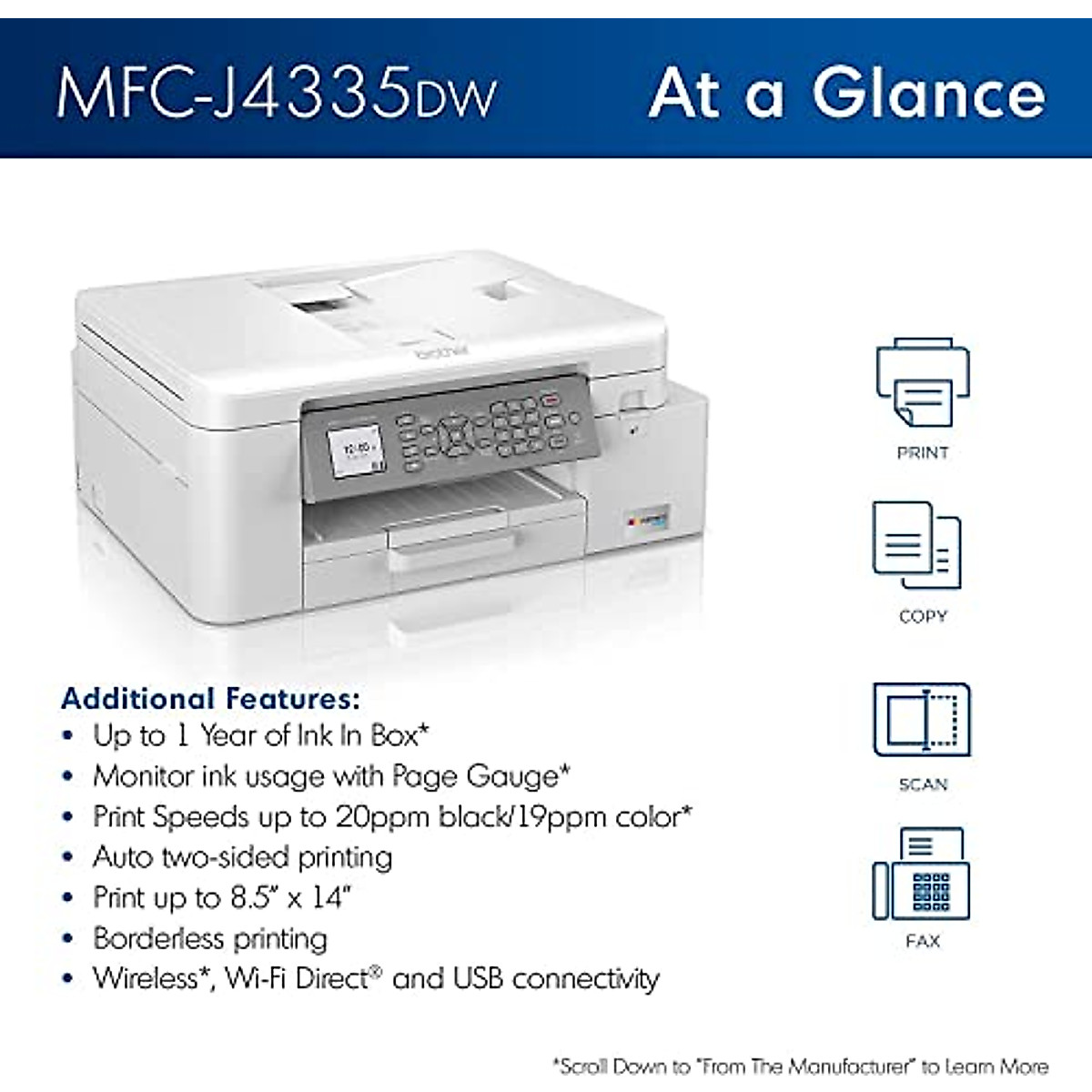 Brother MFC-J4335DW INKvestment Tank All-in-One Color Inkjet Printer, Print Scan Copy Fax, Auto Duplex Printing, Wireless Printing, 4800 x 1200 dpi, White, Bundle with Cefesfy Printer Cable